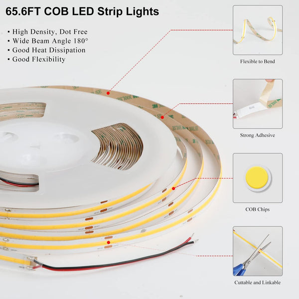 COB LED Strip Lights, 65.6ft/20m 3000K Led Lights Strip, 504LEDS/M ...
